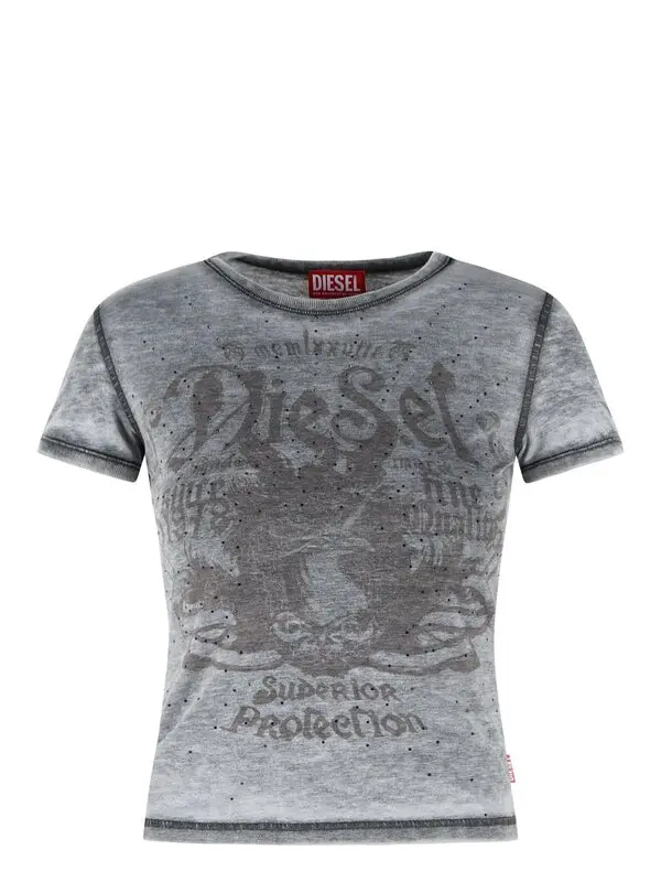 DIESEL® Grey Cotton Blend Jersey T-shirt With Rhinestone Embellishments - Gray
