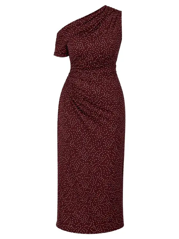 GIRL IN MIND Asymmetrical Neckline Polka Dot Midi Dress - Brown