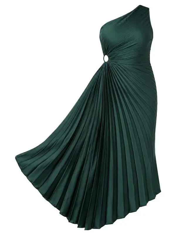 GIRL IN MIND One Shoulder Pleated Midi Dress With Asymmetrical Hem - Green