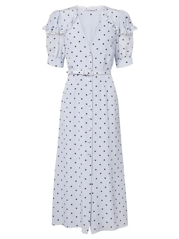 Alessandra Rich Belted Polka Dot Silk Midi Dress - Blue