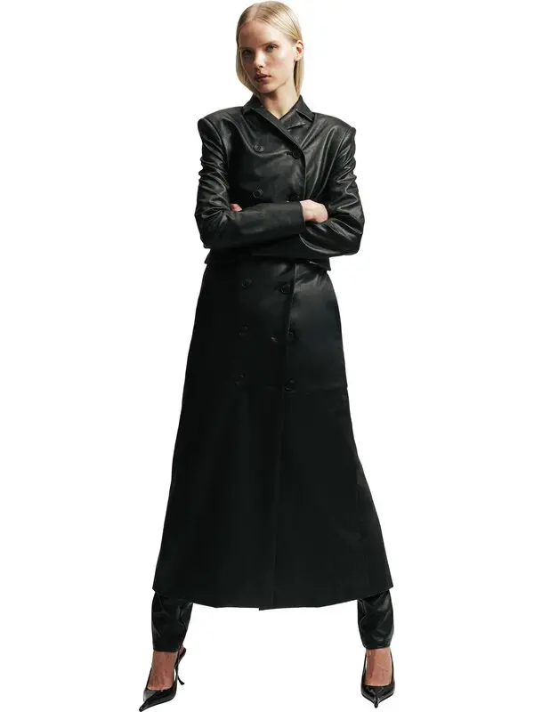 Bardot Liana Vegan Leather Double-breasted Longline Coat - Black