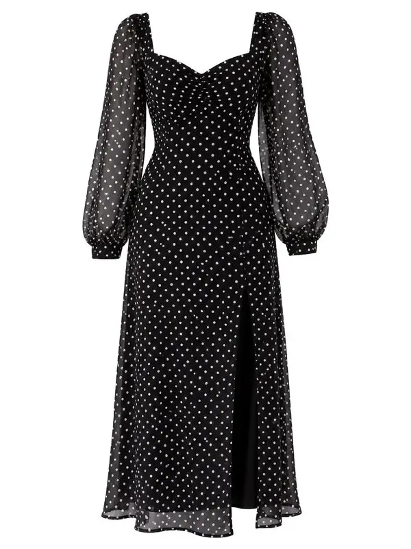GIRL IN MIND Polka Dot Sweetheart Neck Midi Dress - Brown