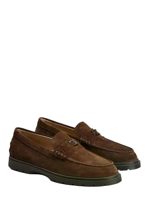 TOD'S Suede Loafers With T-plaque Detail - Brown