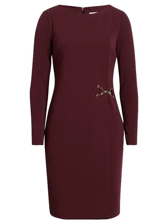 Anne Klein Long Sleeve Scuba Sheath Dress With Hardware Detail - Barolo