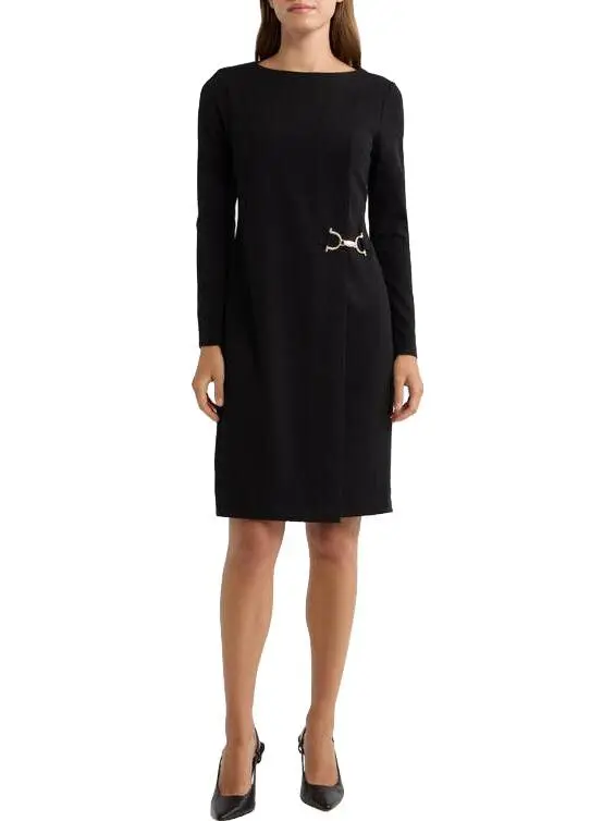 Anne Klein Long Sleeve Scuba Sheath Dress With Hardware Detail - Black