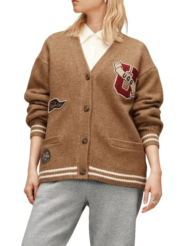 UGG Retro Cardigan With Collegiate Patches - Coffee Grounds Heather