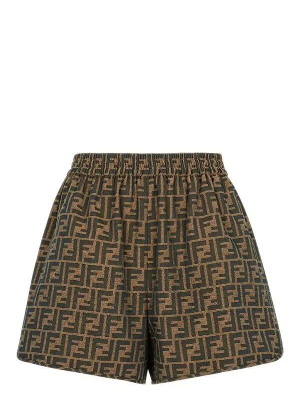 Fendi Ff Jacquard Elastic Waist Shorts With Side Slits - Marrone
