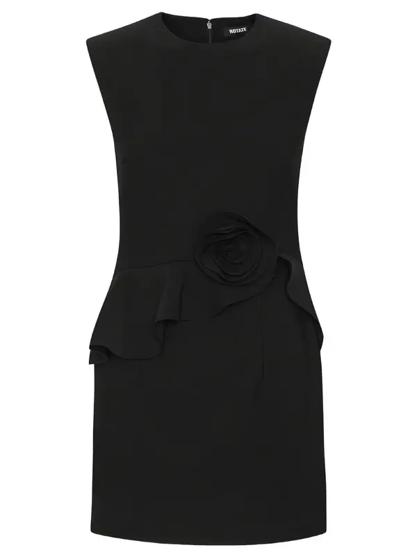 ROTATE BY BIRGER CHRISTENSEN Sleeveless Ruffled Rose Detail Mini Dress - Nero