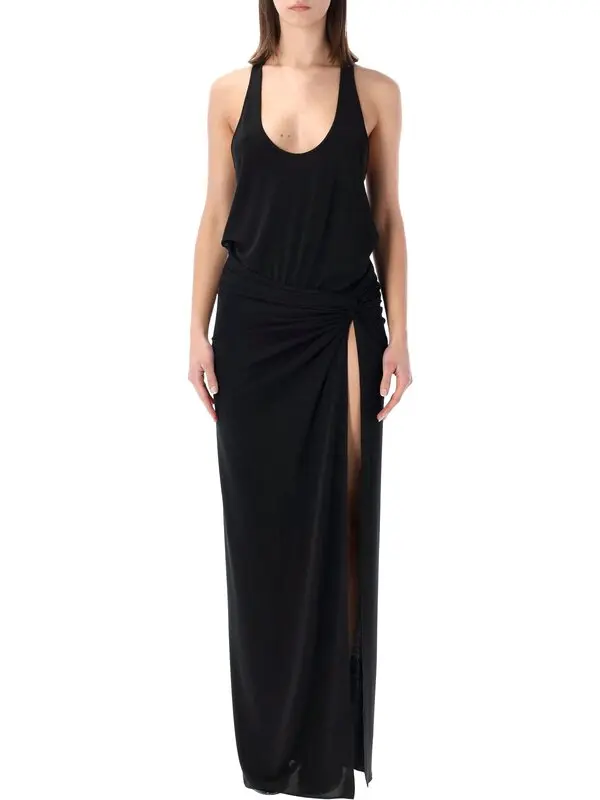 Andamane Ruched Waist Tank Maxi Dress With Side Slit - Black