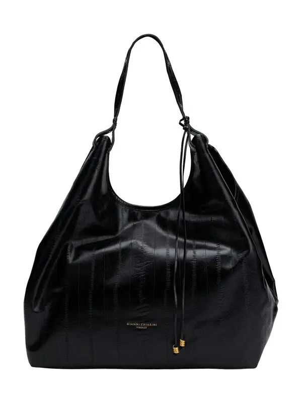 GIANNI CHIARINI New" Shiny Finish Hobo Shoulder Handbag With Front Zip Pocket - Black