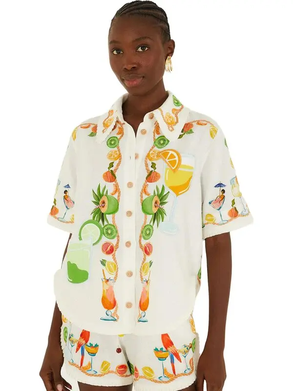 Farm Rio Embroidered All-over Print Linen-blend Short-sleeve Shirt - Bianco