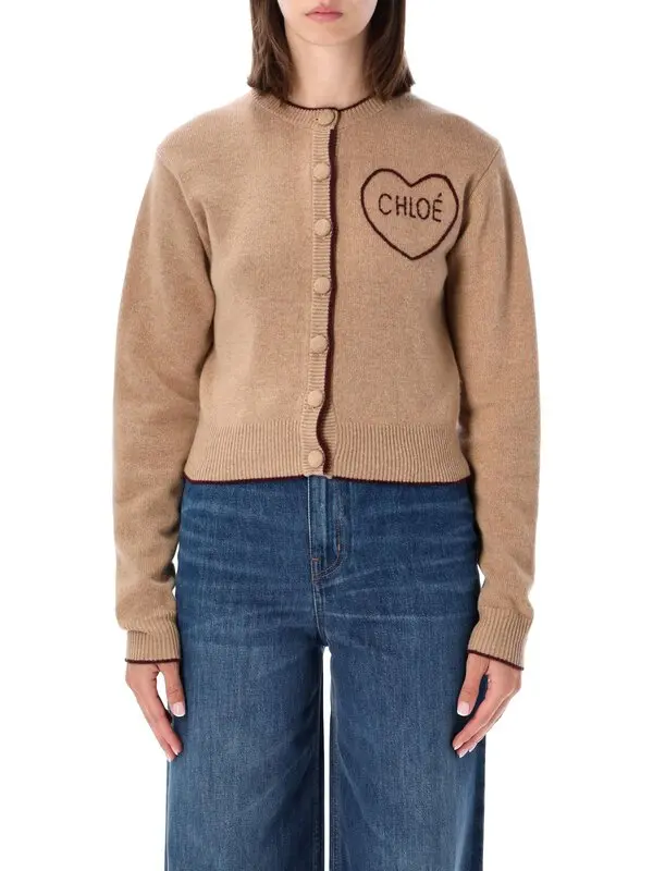 Chloé Soft Wool-cashmere Crew Neck Cardigan With Heart Appliqu - Bleached Brown