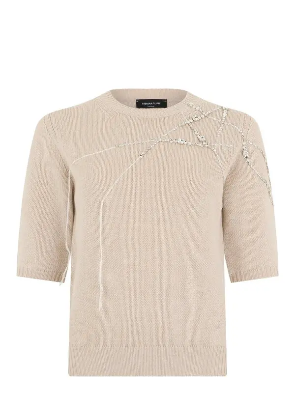 Fabiana Filippi Short Sleeve Virgin Wool & Silk Blend Embellished Shirt - Beige