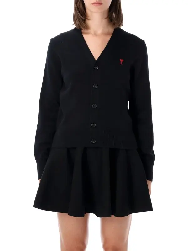AMI Paris Wool V-neck Cardigan With De Coeur Logo - Nero