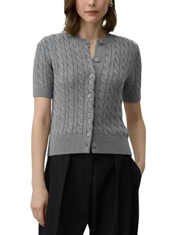 Lilysilk Short-sleeve Cable-knit Silk-cotton Cardigan - Medium Heather Gray