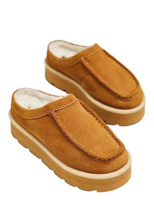 Clarks Suede Moccasin Mules With Faux Fur Insole And Crepe Rubber Sole - Camel