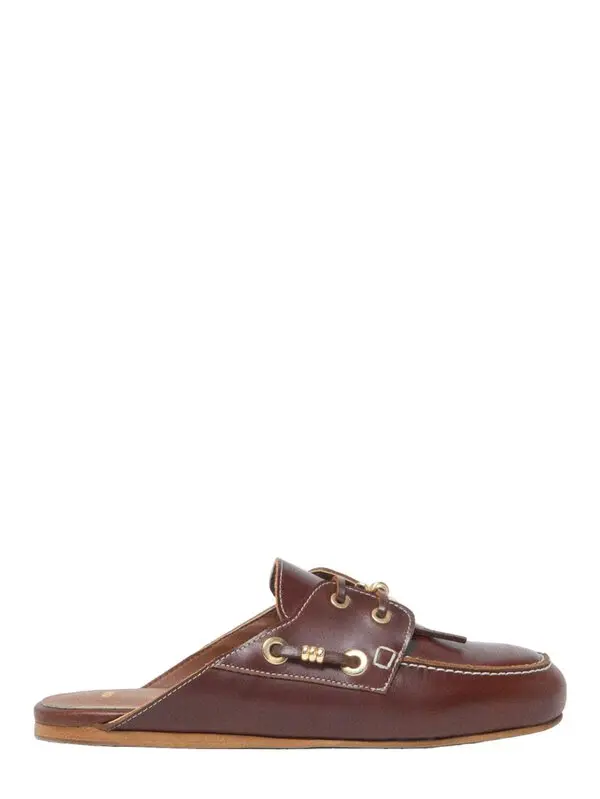 Maje Leather Boat Mules With Gold Heart Charm - Cognac Brown