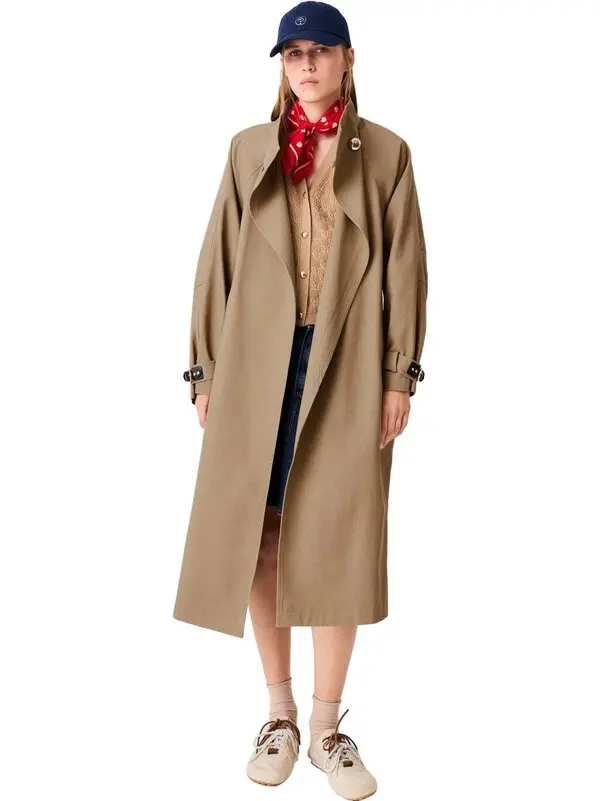 Maje Long Belted Trench Coat With Gold Buttons - Beige