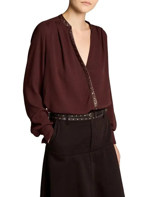 Vince Studded Crepe Long-sleeve Top - Black Fig