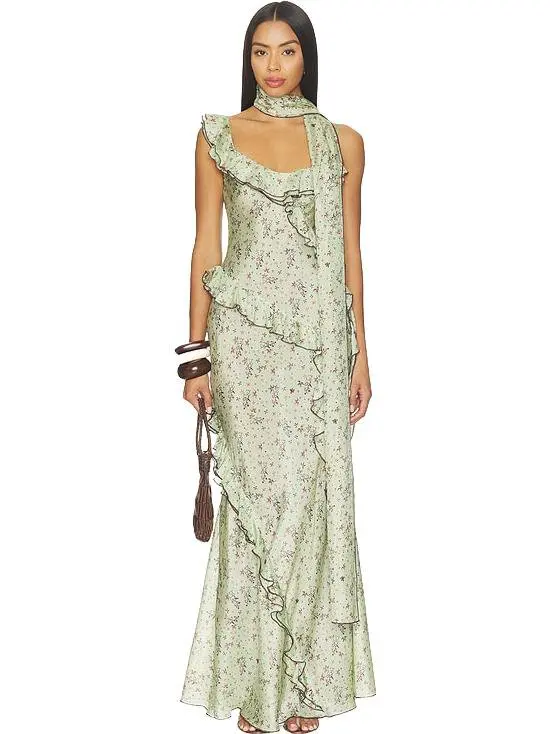 SIEDRES Monica Printed Chiffon Gown With Metallic Threading And Ruffles - Light Green Multi