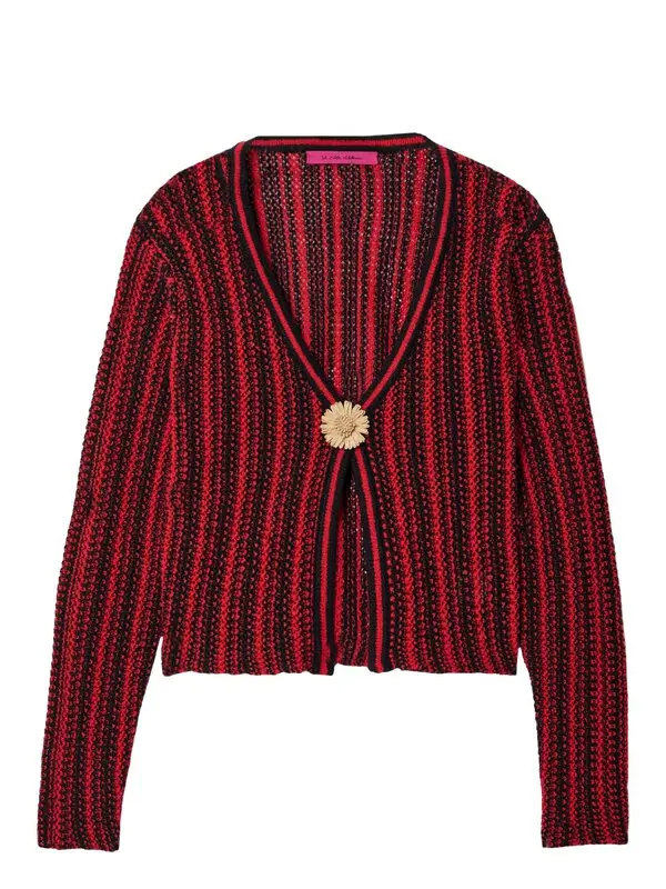THE ELDER STATESMAN Striped Openwork Knit Cotton Cardigan - Red