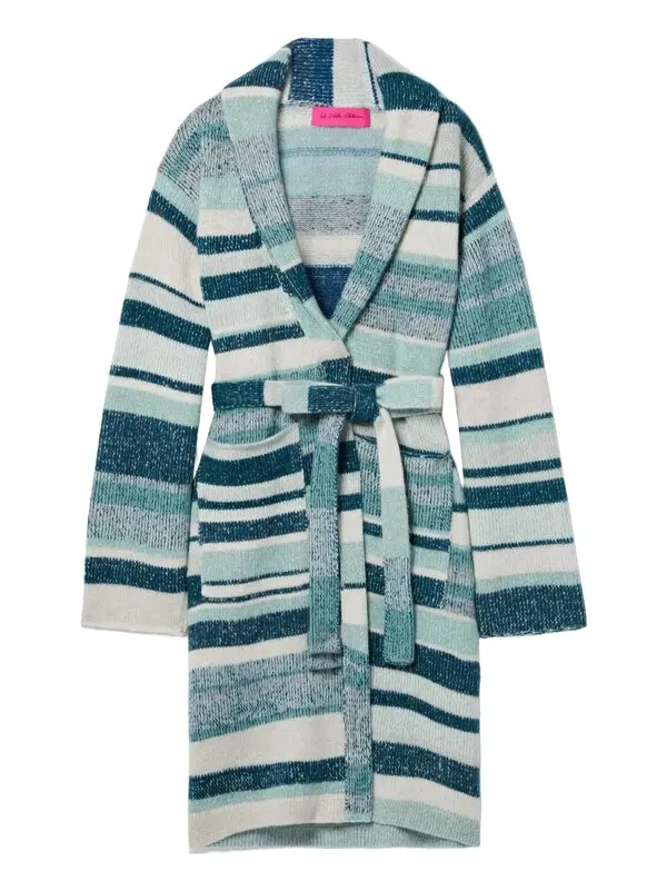 THE ELDER STATESMAN Striped Belted Cashmere Cardigan - Blue
