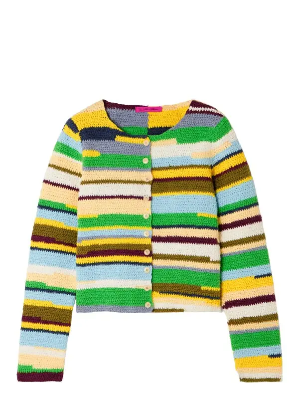 THE ELDER STATESMAN Striped Crocheted Organic Cotton Cardigan - Green