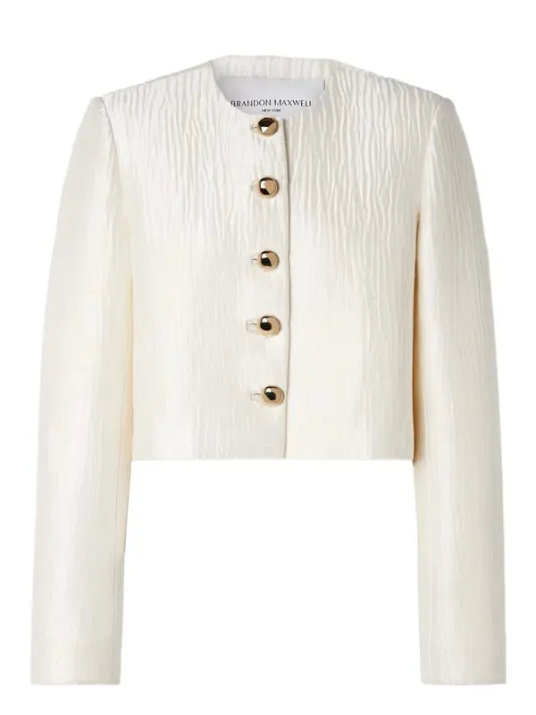 Brandon Maxwell Textured Round Neck Cropped Jacket With Gold Button Detail - White