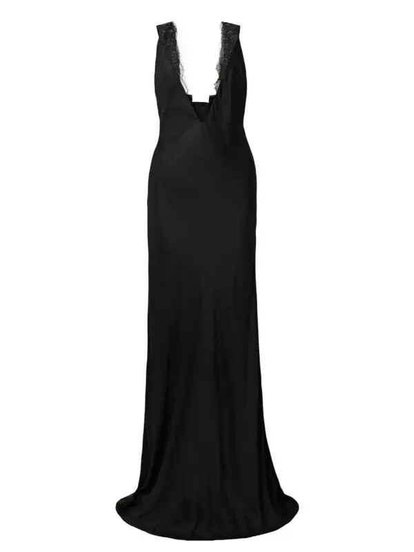Brandon Maxwell Lace Trimmed Plunge Neck Maxi Dress - Black