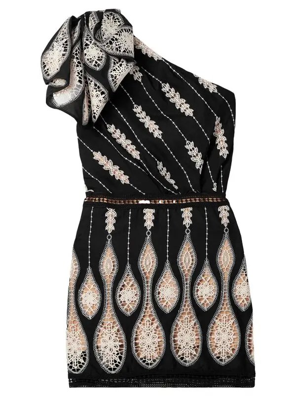 Johanna Ortiz One-shoulder Guipure Lace Trimmed Voile Mini Dress - No