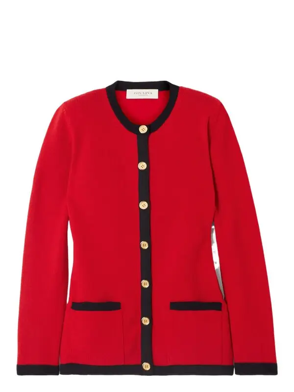 Giuliva Heritage Fitted Knit Cardigan With Gold Buttons And Contrast Trim - Red