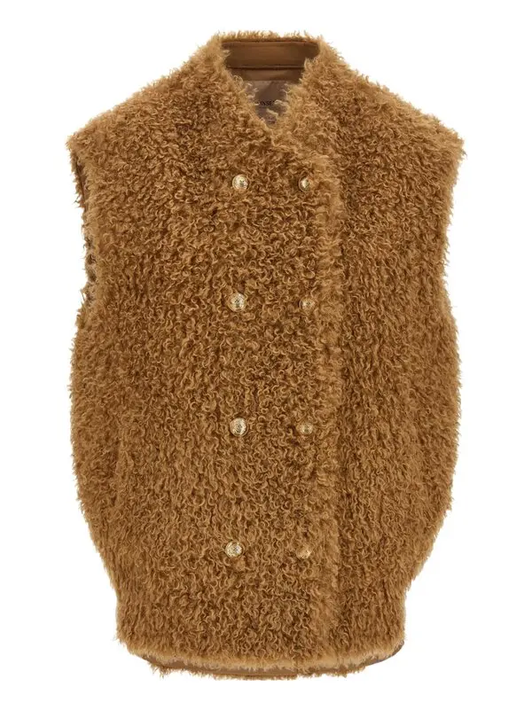 TWINSET Teddy Double-breasted Vest Coat - Camel