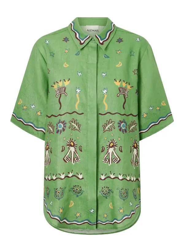ALEMAIS Sun Dancer' Printed Linen Shirt - Green