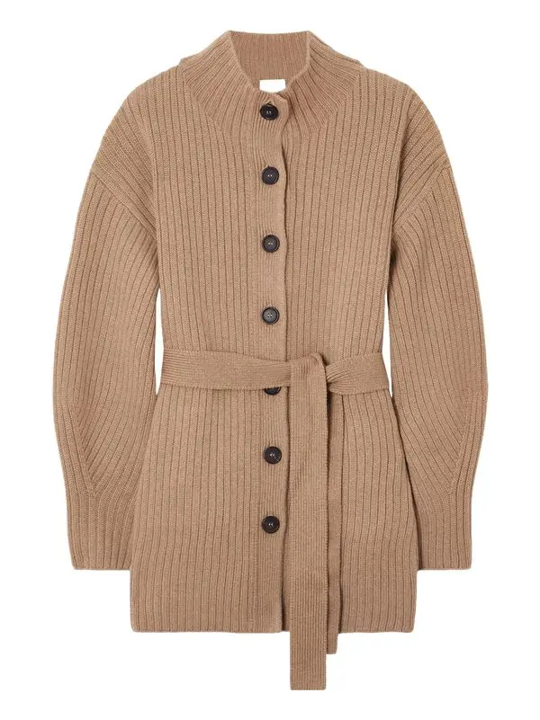 Le Kasha Ribbed Organic Cashmere Belted Cardigan - Nude