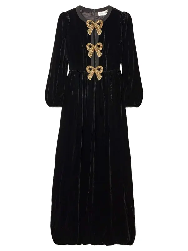 Saloni Camille Velvet Gown With Bow Embellishments - Black