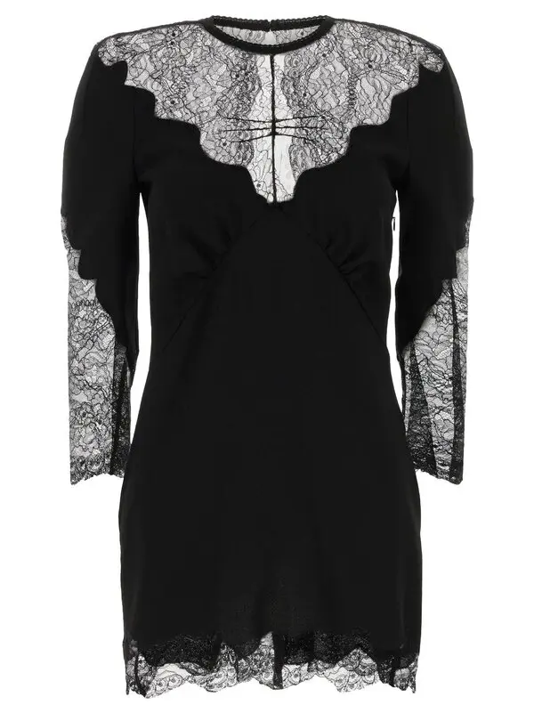 Attico Virgin Wool Crepe Lace Trimmed Dress - Black