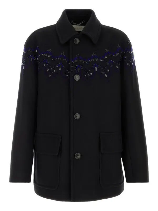 Dries Van Noten Wool Blend Coat With Sequined Embroidery - Black