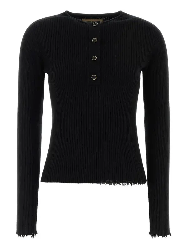 UMA WANG Ribbed Cashmere Henley Sweater With Distressed Cuffs - Black