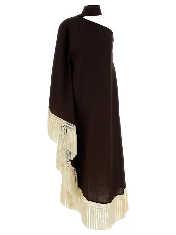 TALLER MARMO One-shoulder Linen Dress With Contrasting Fringes - Brown