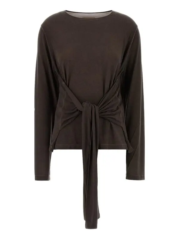 UMA WANG Long Sleeve Stretch Modal Top With Tie Detail - Brown