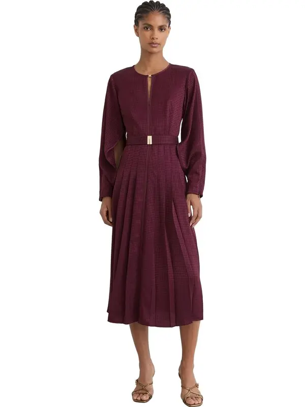 REISS Kea Houndstooth-check Belted Midi Dress - Berry Red