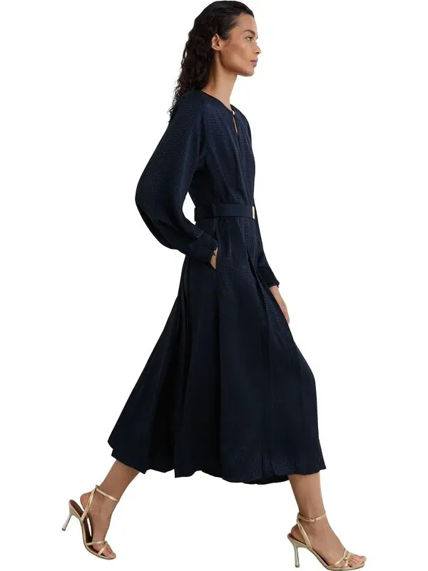 REISS Kea Houndstooth-check Belted Midi Dress - Navy