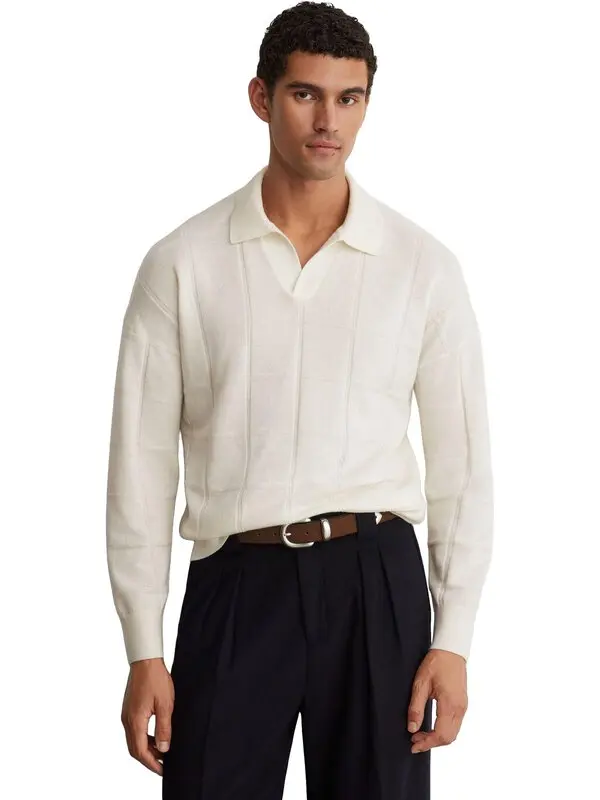 REISS Compton Wool Square-textured Open-collar Polo Jumper - White