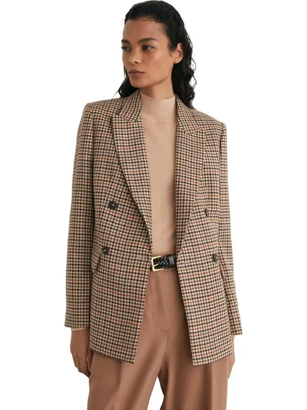 REISS Willow Wool Houndstooth Double-breasted Blazer - Neutral Check