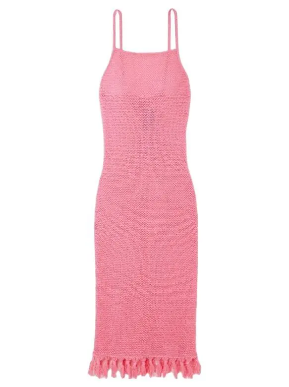 THE ELDER STATESMAN Fringed Open-knit Cotton Midi Dress - Pink