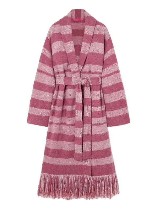 THE ELDER STATESMAN Belted Fringed Striped Cashmere Cardigan - Pink