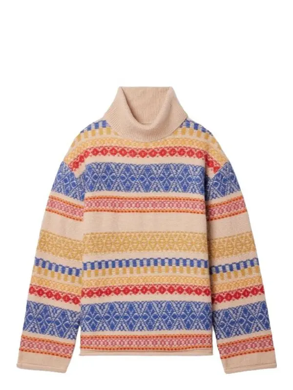 THE ELDER STATESMAN Fair Isle Pattern Cashmere Turtleneck Sweater - Nude