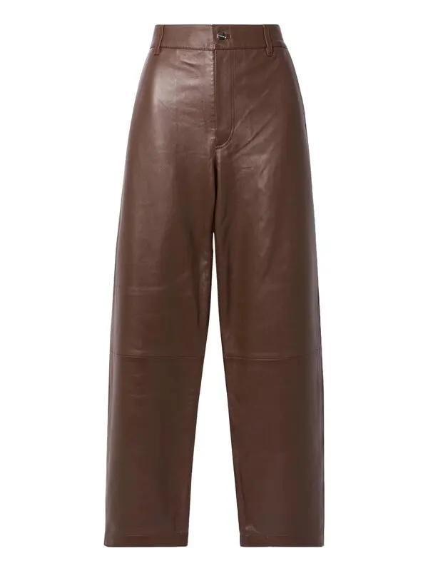 GOLDSIGN High Waist Straight Leg Leather Pants - Brown