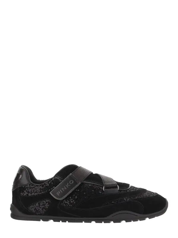 Pinko Flat Sole Sneakers With Sequins And Velcro Closure - Black