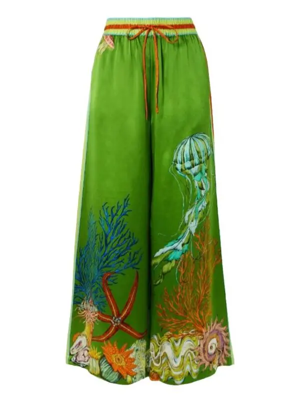ALEMAIS Marine Coral-printed Silk Wide-leg Pants - Green